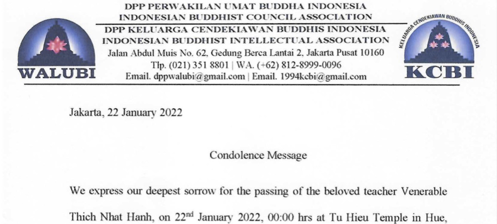 Pesan Dukacita dari WALUBI – Komunitas Zen Plum Village